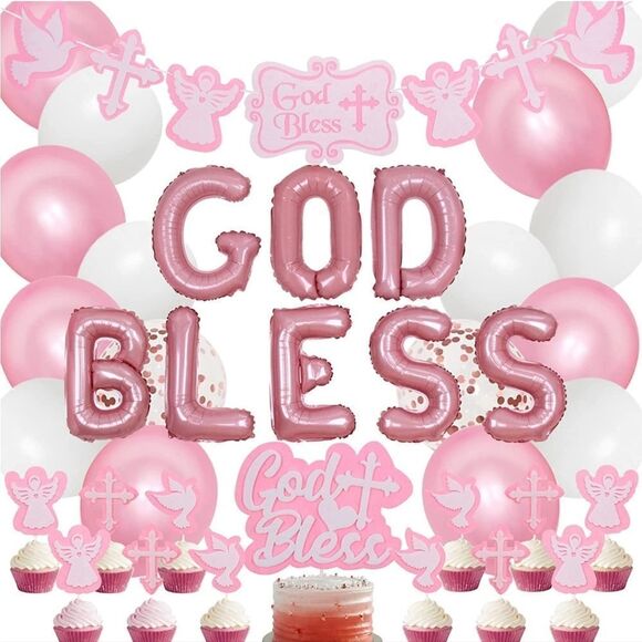 Party Supplies | Nwt God Bless Baptism Decorations For Girl Baby Shower ...